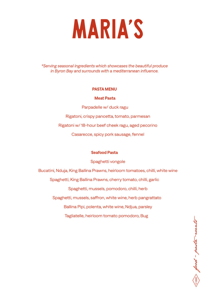 MENU - PASTA – Maria's Byron Bay